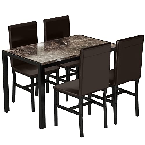 AWQM Dining Table Set for 4, Modern Kitchen Table and Chairs for 4, Faux Marble Table and 4 Upholstered Chairs with Metal Frame, Ideal for Breakfast Nook, Dining Room, Kitchen- Brown