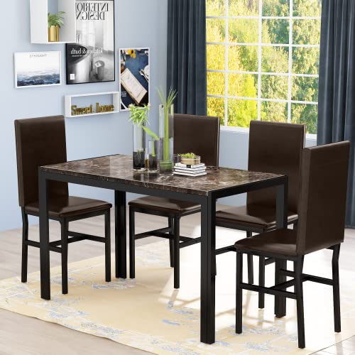 AWQM Dining Table Set for 4, Modern Kitchen Table and Chairs for 4, Faux Marble Table and 4 Upholstered Chairs with Metal Frame, Ideal for Breakfast Nook, Dining Room, Kitchen- Brown