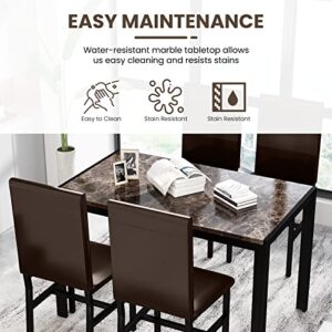 AWQM Dining Table Set for 4, Modern Kitchen Table and Chairs for 4, Faux Marble Table and 4 Upholstered Chairs with Metal Frame, Ideal for Breakfast Nook, Dining Room, Kitchen- Brown