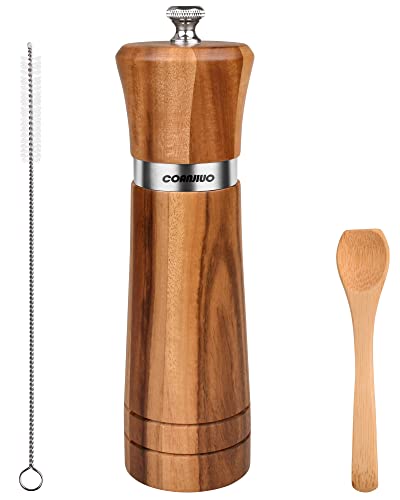 Pepper Grinder Pepper Mill, COANJIUO Wooden Salt Grinder Mill Set, Manual Wood Salt Mill with Spoon/Cleaning Brush, 8 Inch