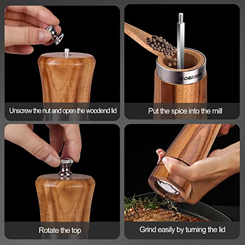 Pepper Grinder Pepper Mill, COANJIUO Wooden Salt Grinder Mill Set, Manual Wood Salt Mill with Spoon/Cleaning Brush, 8 Inch