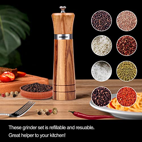 Pepper Grinder Pepper Mill, COANJIUO Wooden Salt Grinder Mill Set, Manual Wood Salt Mill with Spoon/Cleaning Brush, 8 Inch