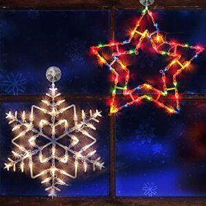 dazzle bright 50 count christmas window lights decoration, plug in waterproof snowflakes and star for bedroom patio, wall, christmas decor, wedding, party, indoor and outdoor (white & multi-colored)