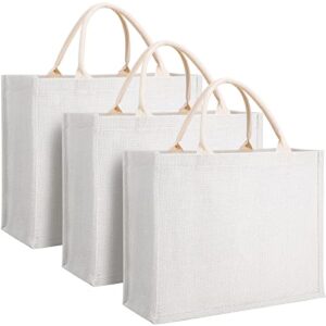 offiper bridesmaid gift bags, 3 pack large white reusable burlap jute totes with handles zipper pocket, gift favors bag grocery shopping bag blank tote for diy beach trip party welcome bag for wedding