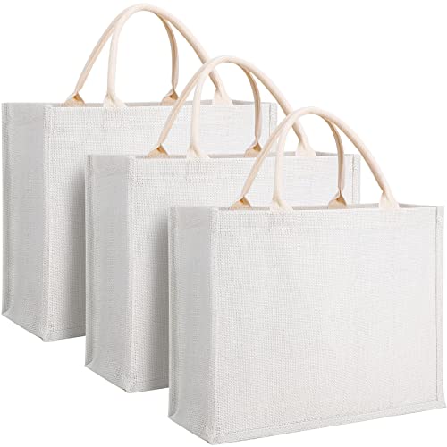 Offiper Bridesmaid Gift Bags, 3 Pack Large White Reusable Burlap Jute Totes with Handles Zipper Pocket, Gift Favors Bag Grocery Shopping Bag Blank Tote for DIY Beach Trip Party Welcome Bag for Wedding