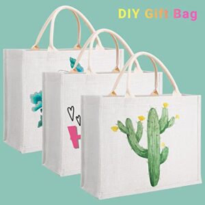 Offiper Bridesmaid Gift Bags, 3 Pack Large White Reusable Burlap Jute Totes with Handles Zipper Pocket, Gift Favors Bag Grocery Shopping Bag Blank Tote for DIY Beach Trip Party Welcome Bag for Wedding