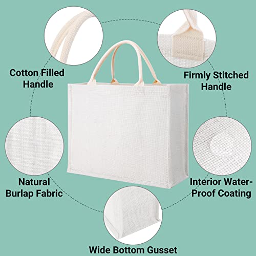 Offiper Bridesmaid Gift Bags, 3 Pack Large White Reusable Burlap Jute Totes with Handles Zipper Pocket, Gift Favors Bag Grocery Shopping Bag Blank Tote for DIY Beach Trip Party Welcome Bag for Wedding