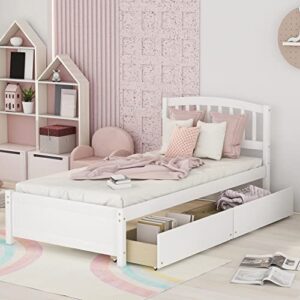 twin platform storage bed with headboard, solid wood bed frame with two drawers (white, twin size)