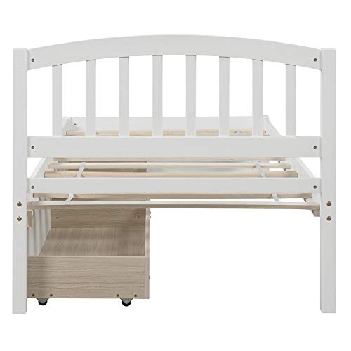 Twin Platform Storage Bed with Headboard, Solid Wood Bed Frame with Two Drawers (White, Twin Size)