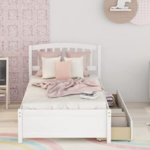 Twin Platform Storage Bed with Headboard, Solid Wood Bed Frame with Two Drawers (White, Twin Size)