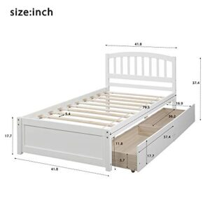 Twin Platform Storage Bed with Headboard, Solid Wood Bed Frame with Two Drawers (White, Twin Size)