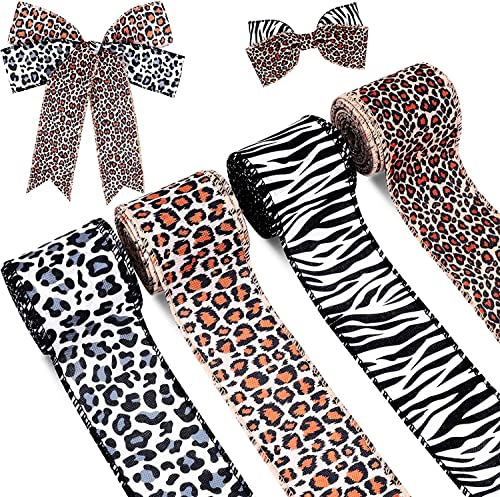 Kuscul 4 Rolls 20 Yards Leopard Print Ribbon Animal Print Ribbon Zebra Cheetah Wired Edge Ribbon Decorative Wrapping Ribbon for for Home Decor, Gift Wrapping, Tree Topper Bow, Wreath, DIY Crafts, 2in