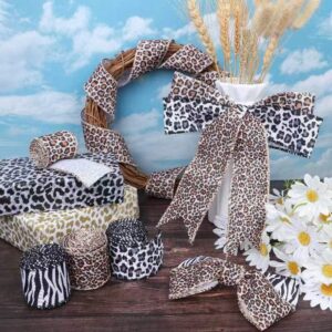 Kuscul 4 Rolls 20 Yards Leopard Print Ribbon Animal Print Ribbon Zebra Cheetah Wired Edge Ribbon Decorative Wrapping Ribbon for for Home Decor, Gift Wrapping, Tree Topper Bow, Wreath, DIY Crafts, 2in