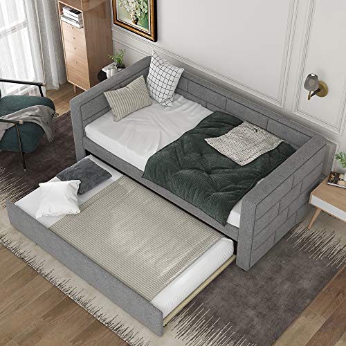 SIYAHOME Twin Size Daybed with Trundle, Upholstered Daybed with Padded Back, Space-Saving Design, Built-in Solid Slat Support for Kids Teens Bedroom, No Box Spring Needed, Grey