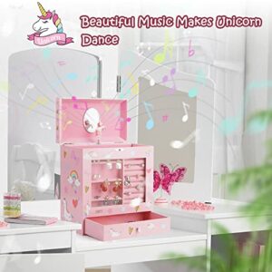 efubaby Jewelry Box for Girls Perspective Window Musical Jewelry Box for Girls with 3 Drawers & Unicorn Jewelry Set Birthday Gifts for Little Girls Kids Jewelry Storage Organizer Christmas Gifts Pink