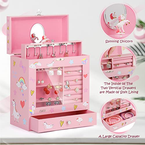 efubaby Jewelry Box for Girls Perspective Window Musical Jewelry Box for Girls with 3 Drawers & Unicorn Jewelry Set Birthday Gifts for Little Girls Kids Jewelry Storage Organizer Christmas Gifts Pink