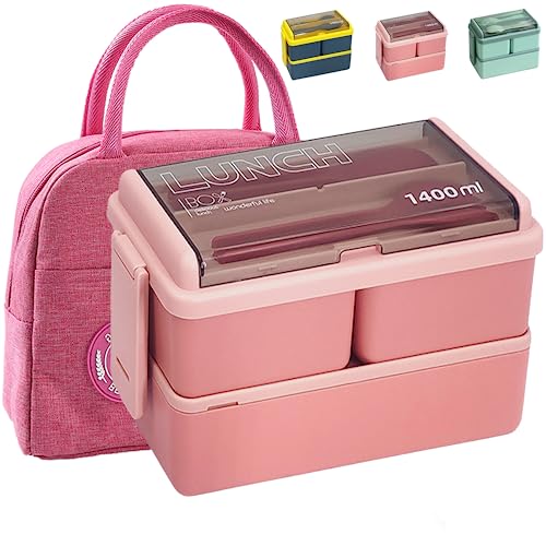 Bazasa Lunchbox Bento Box Lunch Containers for Work Lunchbox for Men Woman Leak-Proof Lunch Box With 3 Compartments & Sauce Container Pink Bento Box Microwave-& Dishwasher-Safe