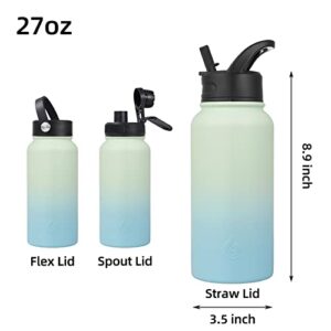 BJPKPK Insulated Water Bottles with Straw Lid, 27oz Stainless Steel Water Bottle with 3 Lids, Leak Proof BPA Free Metal Thermos Mug, Sports Water Bottle Keep Cold & Hot-Mint