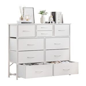 lumtok 10-drawer dresser, fabric storage dressers drawers for bedroom, hallway, nursery, closets, steel frame, wood top, easy pull handle (white)