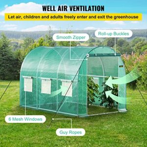 VEVOR Walk-in Tunnel Greenhouse, 10 x 7 x 7 ft Portable Plant Hot House w/ Zippered Door, 6 Roll-up Windows, Galvanized Steel Hoops, 1 Top Beam, and 2 Diagonal Poles, Green