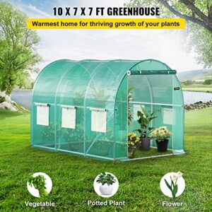 VEVOR Walk-in Tunnel Greenhouse, 10 x 7 x 7 ft Portable Plant Hot House w/ Zippered Door, 6 Roll-up Windows, Galvanized Steel Hoops, 1 Top Beam, and 2 Diagonal Poles, Green