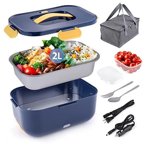 Electric Lunch Box Food Heater Portable Food Warmer for Car/Truck/Home, 2L Heated Lunch Box for Adults, Lunch Heating Microwave Removable Stainless Steel Container 12V 24V 110V 70W(Navy Blue)