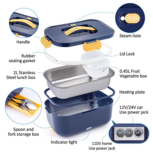 Electric Lunch Box Food Heater Portable Food Warmer for Car/Truck/Home, 2L Heated Lunch Box for Adults, Lunch Heating Microwave Removable Stainless Steel Container 12V 24V 110V 70W(Navy Blue)