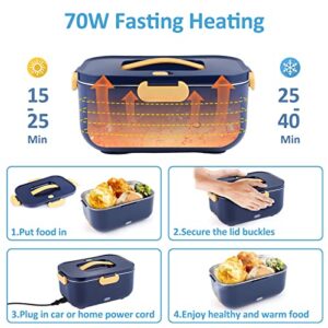 Electric Lunch Box Food Heater Portable Food Warmer for Car/Truck/Home, 2L Heated Lunch Box for Adults, Lunch Heating Microwave Removable Stainless Steel Container 12V 24V 110V 70W(Navy Blue)