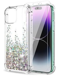 sunstory for iphone 14 pro max case clear glitter with tempered glass screen protector [2 packs] moving shiny quicksand glitter and pc+tpu phone case for iphone 14 pro max (6.7inch) (silver)