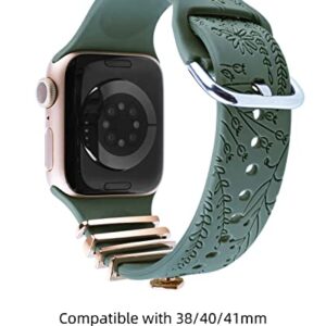 Watch Band Charms (Band Included), Compatible with Apple Watch Band 38mm 40mm 41mm, ORATYFAN Floral Engraved Silicone Bands & Metal Decorative Ring Loops Accessories for iWatch Series se 8 7 6 5 4 3 2 1