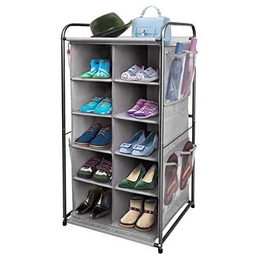 MULISOFT Shoe Cubby, Stackable Shoe Cubby Storage with 8 Pockets, 10-Cube Shoe Organizer Cubby with Top Storage and Handle, Shoe Rack for Closet, Small Space, Entryway, Bedroom, Dorm