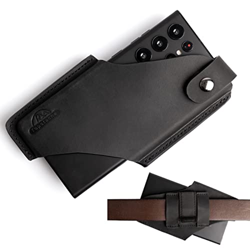 Topstache Leather Phone Holster with Belt Clip Loop, Leather Belt Case with Magnetic Closure,Cell Phone Case for iPhone, Belt Phone Pouch for Samsung,Leather Phone Sheath for Belt,Black,Large