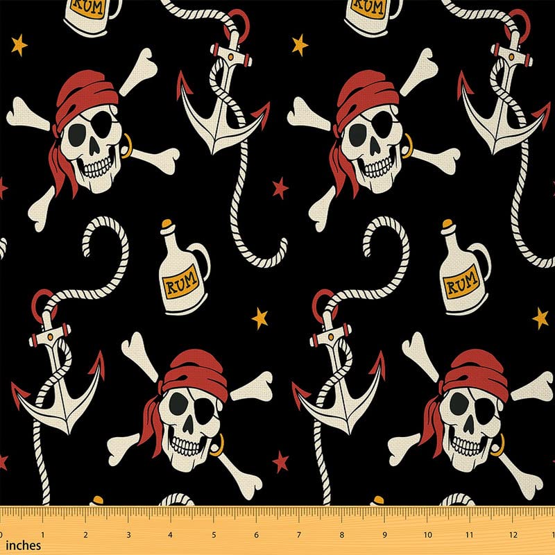 Feelyou Pirate Upholstery Fabric for Chairs, Ocean Marine Theme Anchor Fabric by The Yard, Cartoon Skull Skeleton Decorative Fabric for Upholstery and Home DIY Projects, 1 Yard, Black Cream