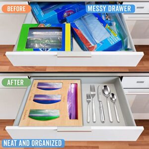 Dharmagic Kitchen Organization and Storage for Drawer Wood Kitchen Food Baggie Dispenser Box Plastic Bag Holder Compatible with Gallon, Quart, Sandwich & Snack Bags from Most Brands Ziplock