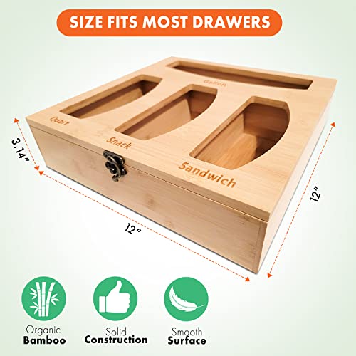 Dharmagic Kitchen Organization and Storage for Drawer Wood Kitchen Food Baggie Dispenser Box Plastic Bag Holder Compatible with Gallon, Quart, Sandwich & Snack Bags from Most Brands Ziplock