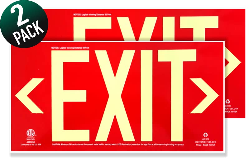 Photoluminescent Exit Sign Red - Pack of 2 - Aluminum - UL 924 Code Approved/IBC/NFPA 101 / NightBright USA Part Number ULR-050 II