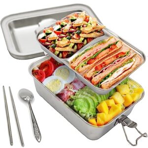 double layer stainless steel bento lunch box - 1800ml leak proof container with safety latch, chopsticks and spoon included. perfect for adults and easy to clean! dishwasher safe metal bento box.