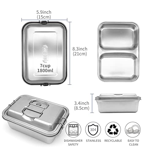 Double Layer Stainless Steel Bento Lunch Box - 1800ML Leak Proof Container with Safety Latch, Chopsticks and Spoon Included. Perfect for Adults and Easy to Clean! Dishwasher Safe Metal Bento Box.