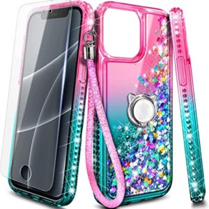 NGB Supremacy Compatible for iPhone 13 Case (6.1 inch) with Tempered Glass Screen Protector, Ring Holder/Wrist Strap, Girls Women Kids Bling Sparkle Liquid Glitter Cute Case (Pink/Aqua)