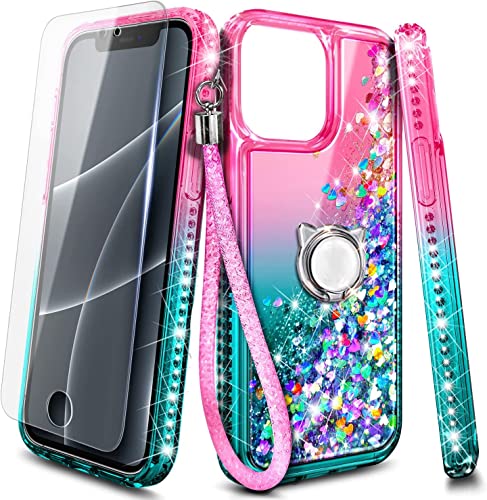 NGB Supremacy Compatible for iPhone 13 Case (6.1 inch) with Tempered Glass Screen Protector, Ring Holder/Wrist Strap, Girls Women Kids Bling Sparkle Liquid Glitter Cute Case (Pink/Aqua)