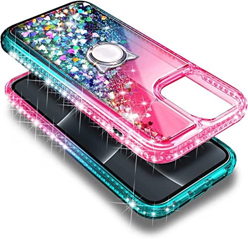 NGB Supremacy Compatible for iPhone 13 Case (6.1 inch) with Tempered Glass Screen Protector, Ring Holder/Wrist Strap, Girls Women Kids Bling Sparkle Liquid Glitter Cute Case (Pink/Aqua)