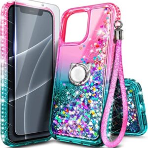 NGB Supremacy Compatible for iPhone 13 Case (6.1 inch) with Tempered Glass Screen Protector, Ring Holder/Wrist Strap, Girls Women Kids Bling Sparkle Liquid Glitter Cute Case (Pink/Aqua)