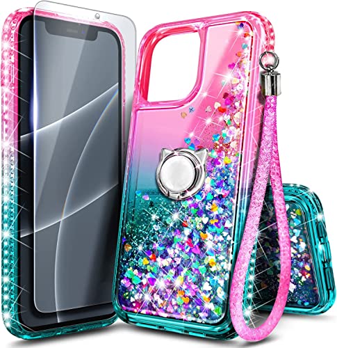 NGB Supremacy Compatible for iPhone 13 Case (6.1 inch) with Tempered Glass Screen Protector, Ring Holder/Wrist Strap, Girls Women Kids Bling Sparkle Liquid Glitter Cute Case (Pink/Aqua)