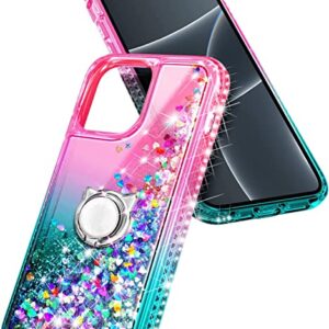 NGB Supremacy Compatible for iPhone 13 Case (6.1 inch) with Tempered Glass Screen Protector, Ring Holder/Wrist Strap, Girls Women Kids Bling Sparkle Liquid Glitter Cute Case (Pink/Aqua)