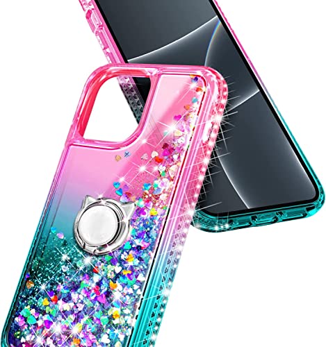 NGB Supremacy Compatible for iPhone 13 Case (6.1 inch) with Tempered Glass Screen Protector, Ring Holder/Wrist Strap, Girls Women Kids Bling Sparkle Liquid Glitter Cute Case (Pink/Aqua)