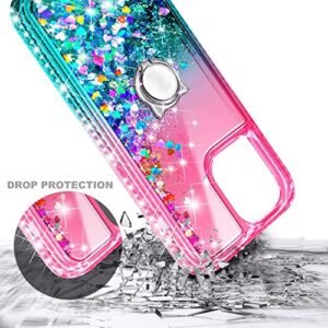 NGB Supremacy Compatible for iPhone 13 Case (6.1 inch) with Tempered Glass Screen Protector, Ring Holder/Wrist Strap, Girls Women Kids Bling Sparkle Liquid Glitter Cute Case (Pink/Aqua)