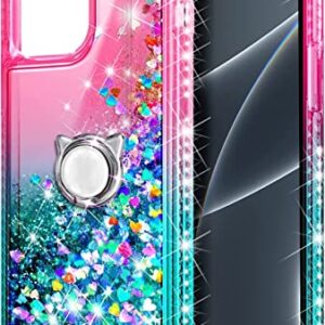 NGB Supremacy Compatible for iPhone 13 Case (6.1 inch) with Tempered Glass Screen Protector, Ring Holder/Wrist Strap, Girls Women Kids Bling Sparkle Liquid Glitter Cute Case (Pink/Aqua)