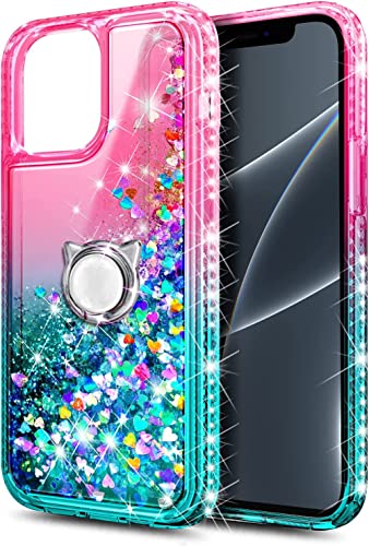 NGB Supremacy Compatible for iPhone 13 Case (6.1 inch) with Tempered Glass Screen Protector, Ring Holder/Wrist Strap, Girls Women Kids Bling Sparkle Liquid Glitter Cute Case (Pink/Aqua)