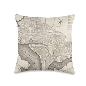 old district of columbia & us capital city atlas vintage washington dc map (1795) throw pillow, 16x16, multicolor