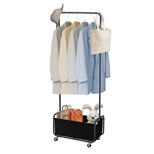 Dunatou Clothing Rack with Basket, Standard Rod Clothing Garment Rack, Rolling Clothes Organizer on Wheels for Hanging Clothes (Small, Black)